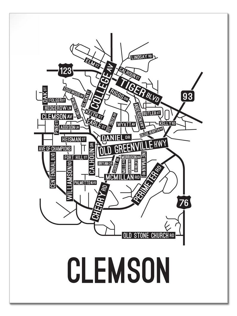 Clemson, South Carolina Street Map - Poster, Acrylic, Framed, and Metal ...