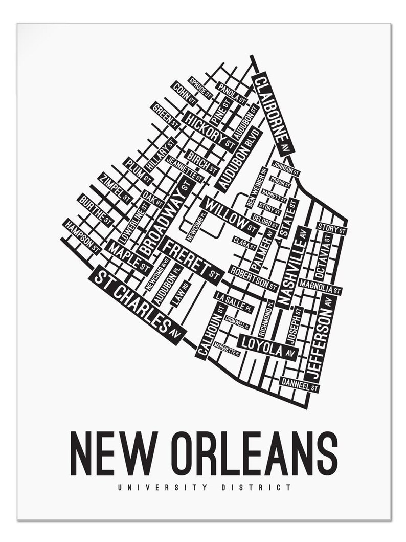 New Orleans, University District Street Map - Poster, Acrylic, Framed ...