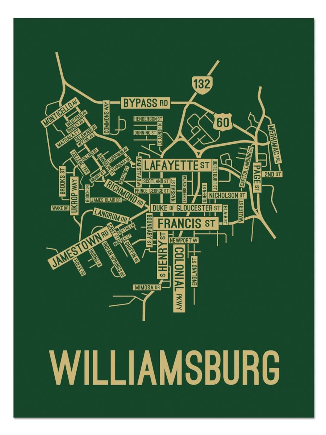 Williamsburg, Virginia Street Map - Poster, Acrylic, Framed, and Metal ...