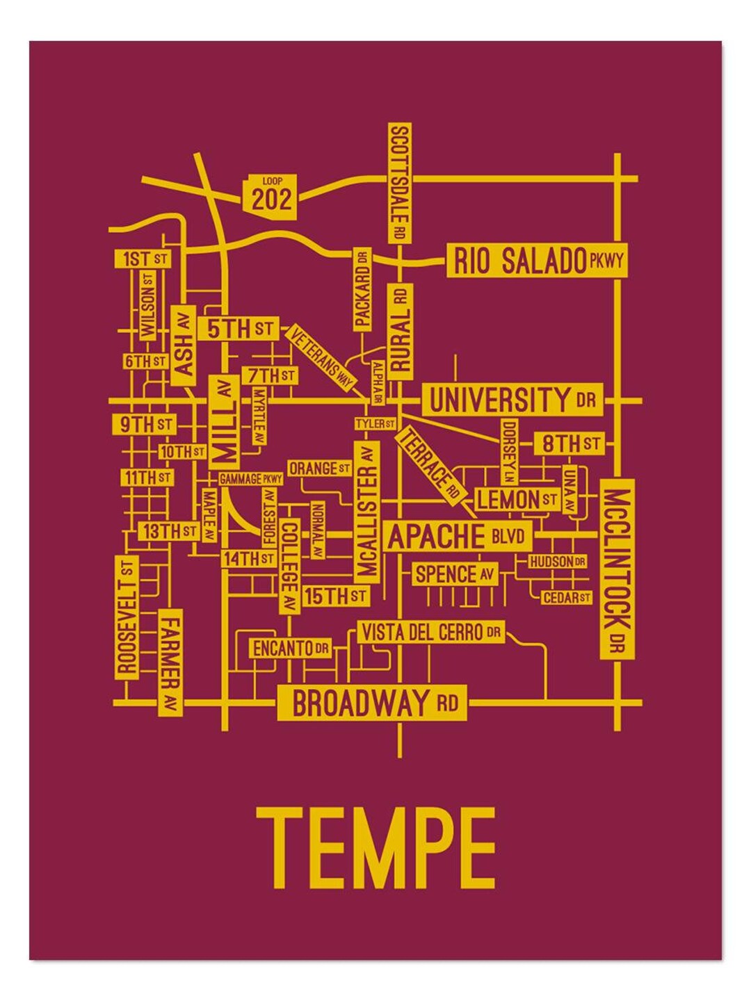 Tempe, Arizona Street Map - Poster, Acrylic, Framed, and Metal Prints ...