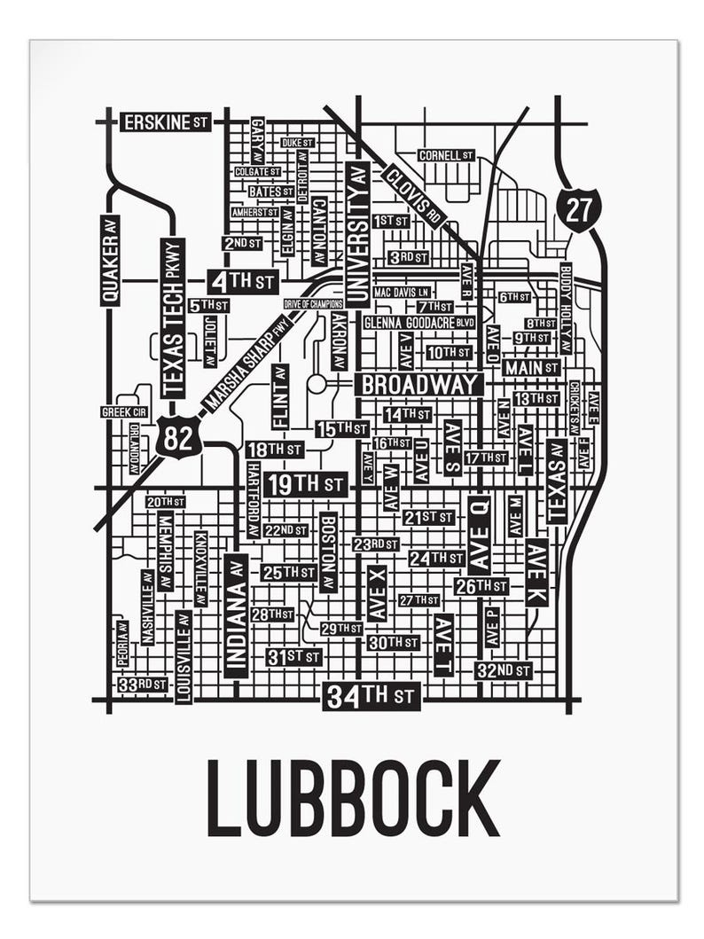 Lubbock, Texas Street Map - Poster, Acrylic, Framed, and Metal Prints ...