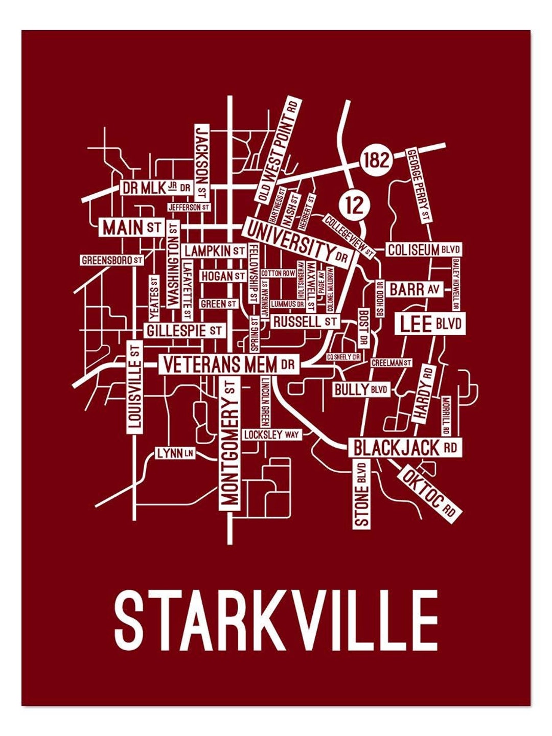 Starkville, Mississippi Street Map - Poster, Acrylic, Framed, and Metal ...