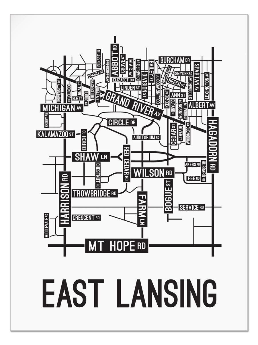 East Lansing, Michigan Street Map - Poster, Acrylic, Framed, and Metal ...