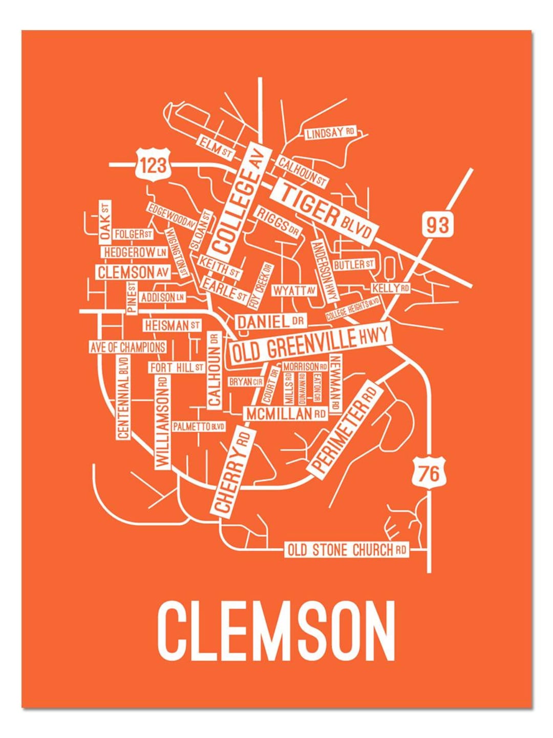 Clemson, South Carolina Street Map - Poster, Acrylic, Framed, and Metal ...