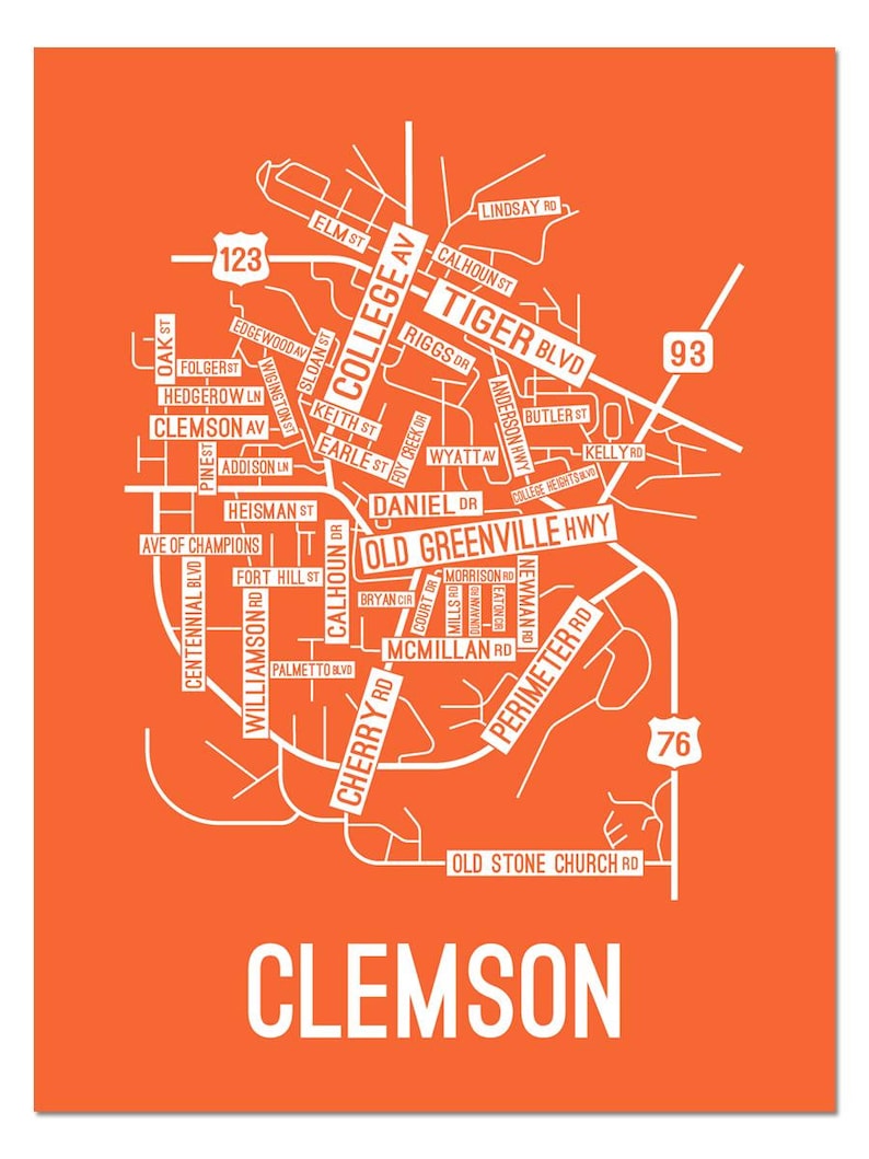 Clemson, South Carolina Street Map - Poster, Acrylic, Framed, and Metal ...