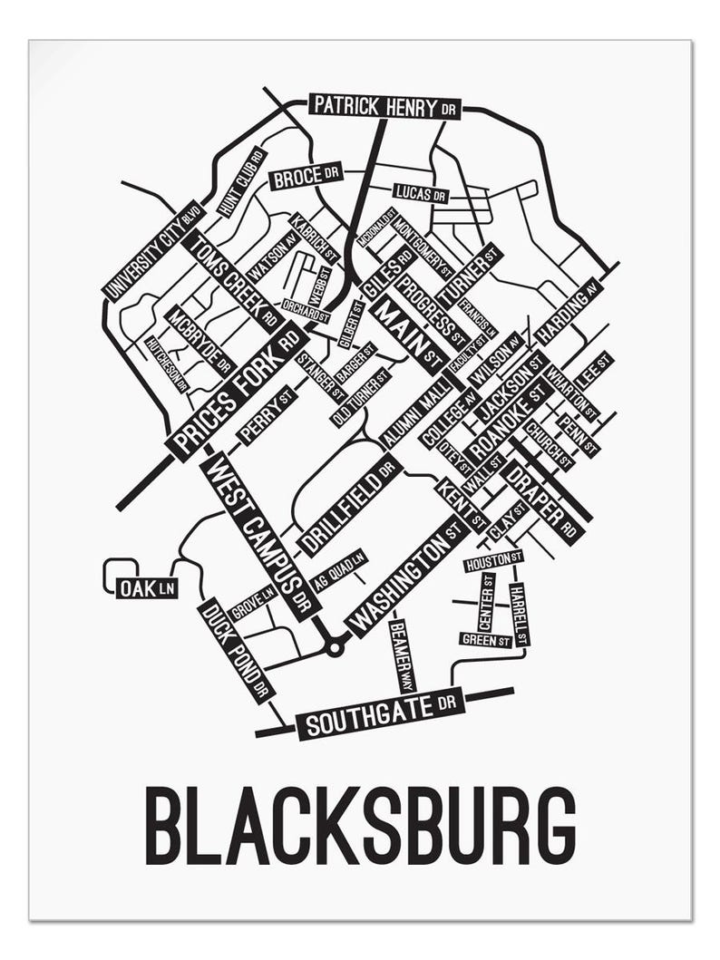 Blacksburg, Virginia Street Map - Poster, Acrylic, Framed, and Metal ...