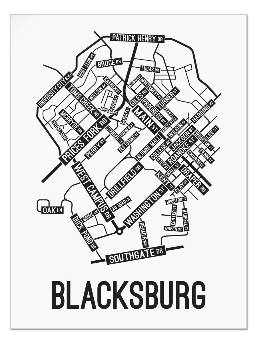 Blacksburg, Virginia Street Map - Poster, Acrylic, Framed, and Metal ...