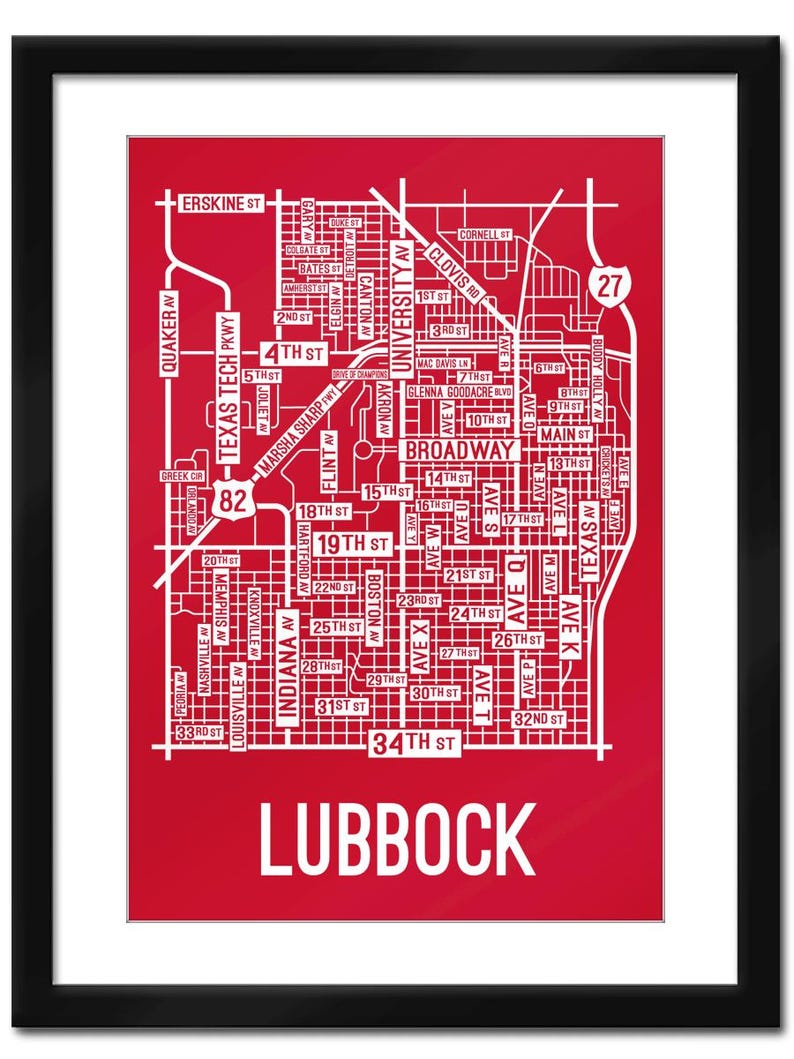 Lubbock, Texas Street Map - Poster, Acrylic, Framed, and Metal Prints ...