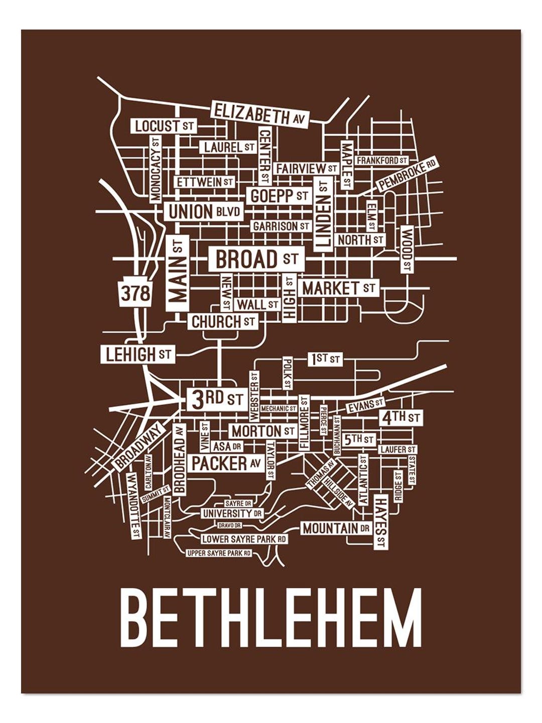 Bethlehem, Pennsylvania Street Map - Poster, Acrylic, Framed, and Metal ...