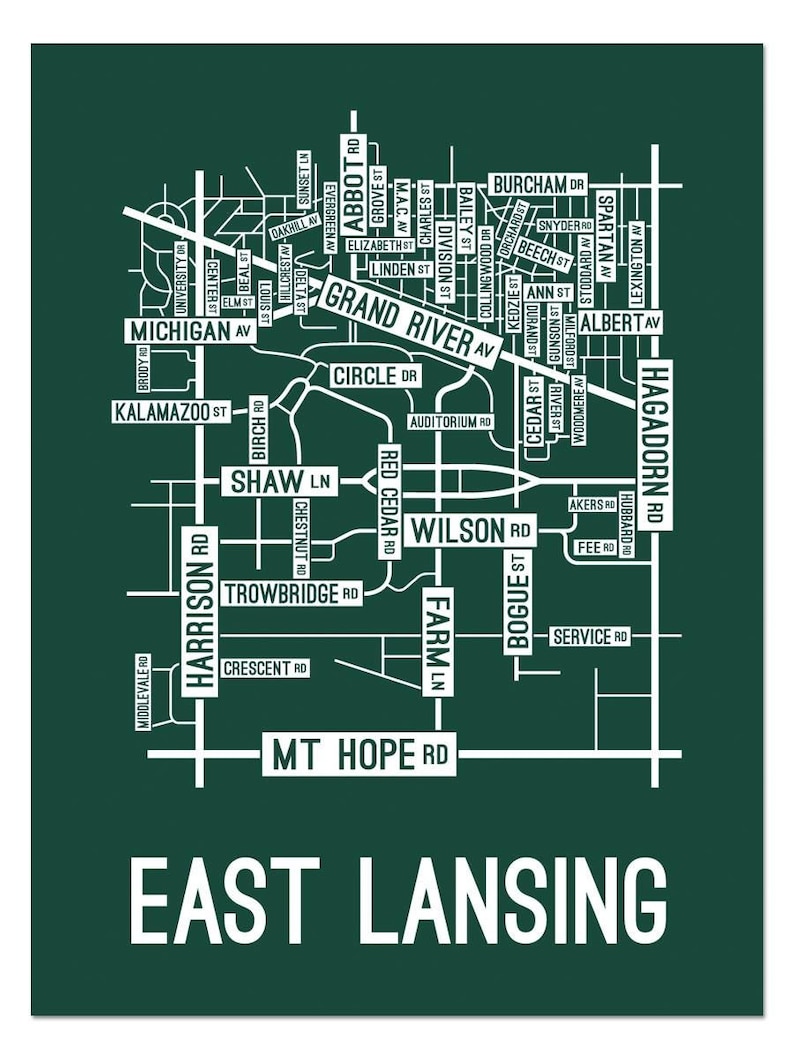 East Lansing, Michigan Street Map - Poster, Acrylic, Framed, and Metal ...