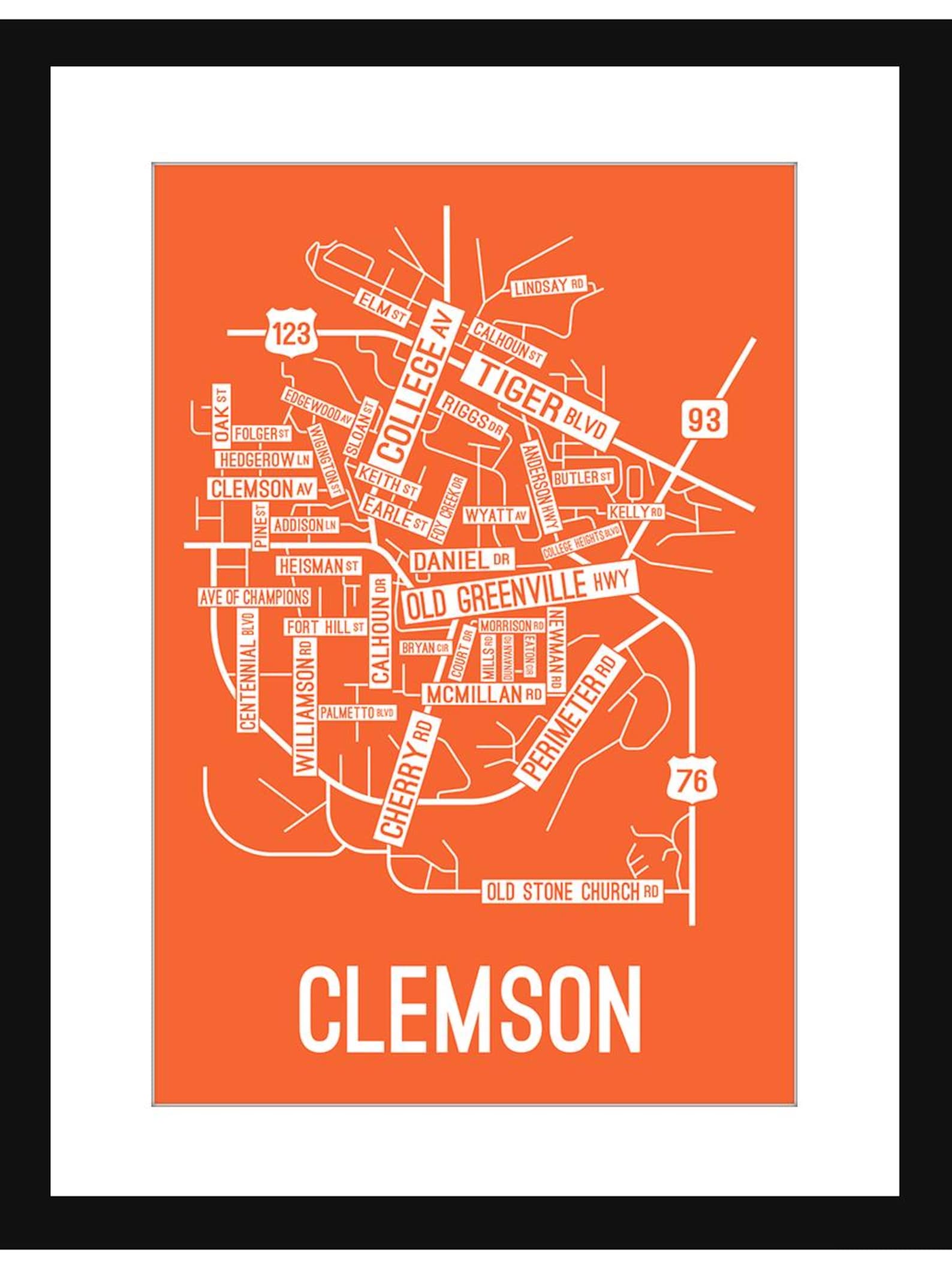 Clemson, South Carolina Street Map - Poster, Acrylic, Framed, and Metal ...