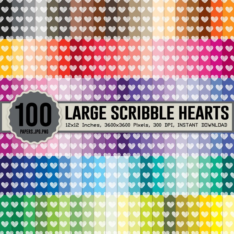 100 Seamless Large Scribble Hearts Pattern Papers Digital Hearts Pattern for Invitations, Decor ...
