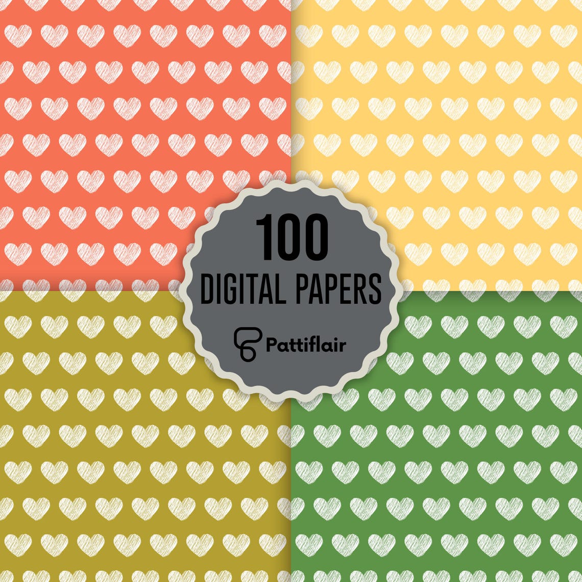 100 Seamless Large Scribble Hearts Pattern Papers Digital Hearts ...