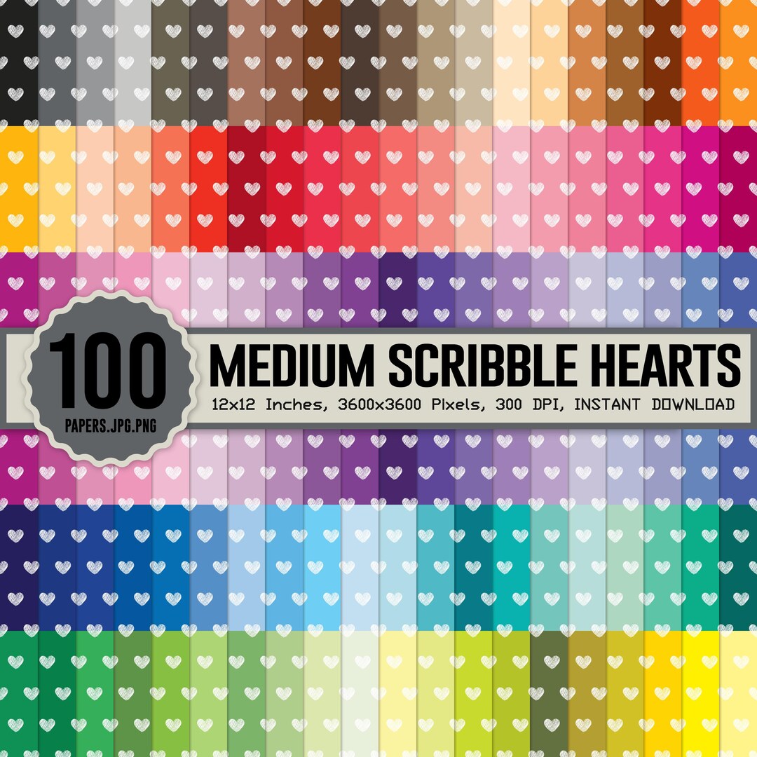 100 Seamless Medium Scribble Hearts Pattern Papers Digital Hearts ...
