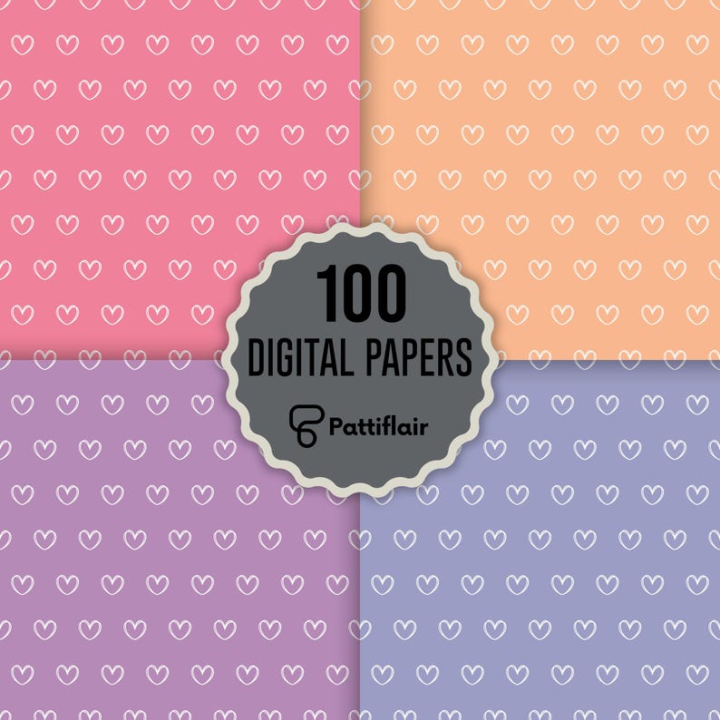 100 Seamless Medium Doodle Hearts Pattern Papers Digital Hearts Pattern ...