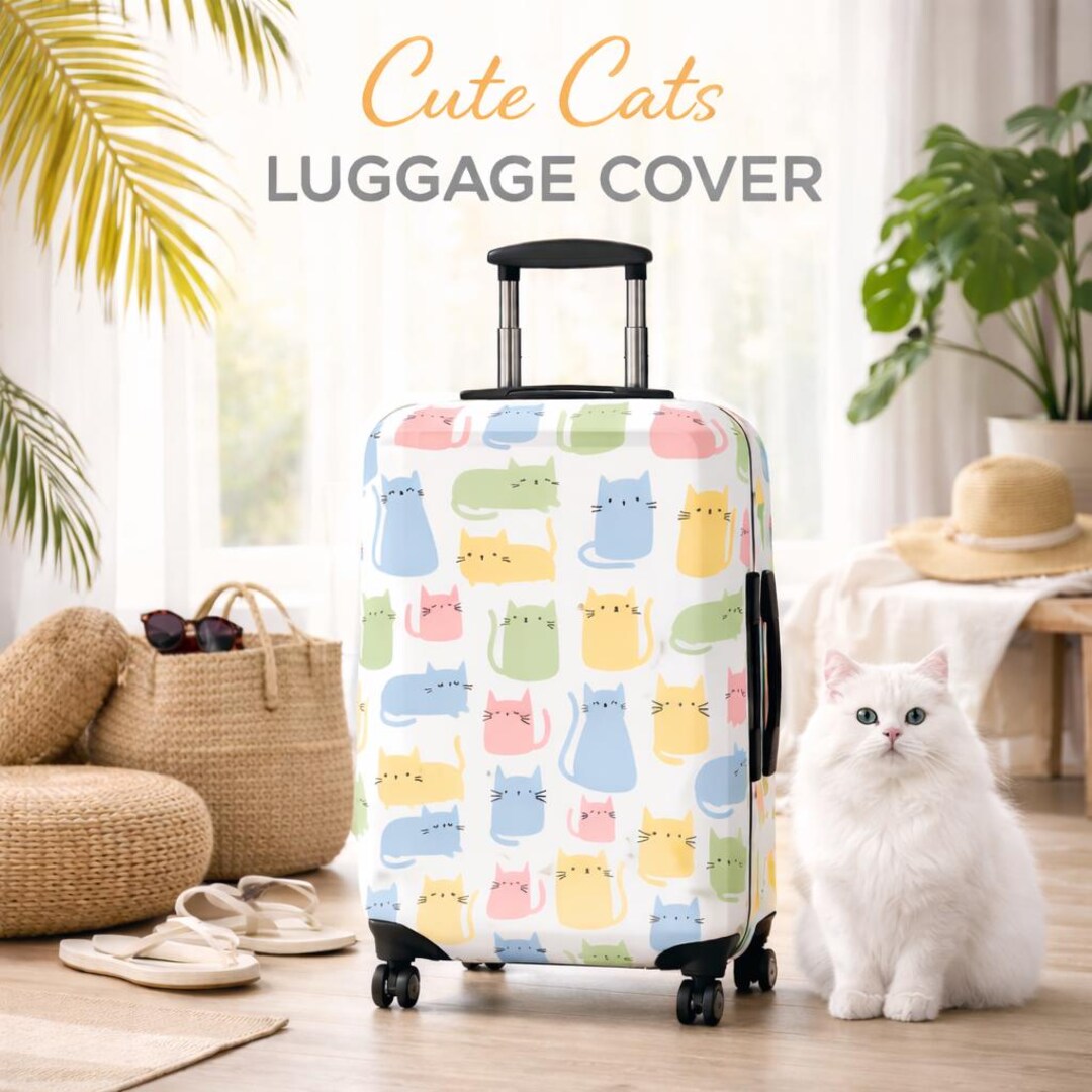 Cute Cat Luggage Cover, Pastel Cats Suitcase Cover, Travel Luggage ...