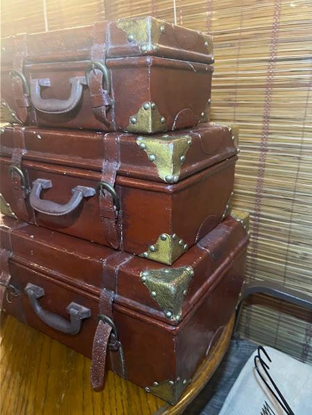 Funky Vintage Trio of Faux Russet Leather With Brass Embellishments ...