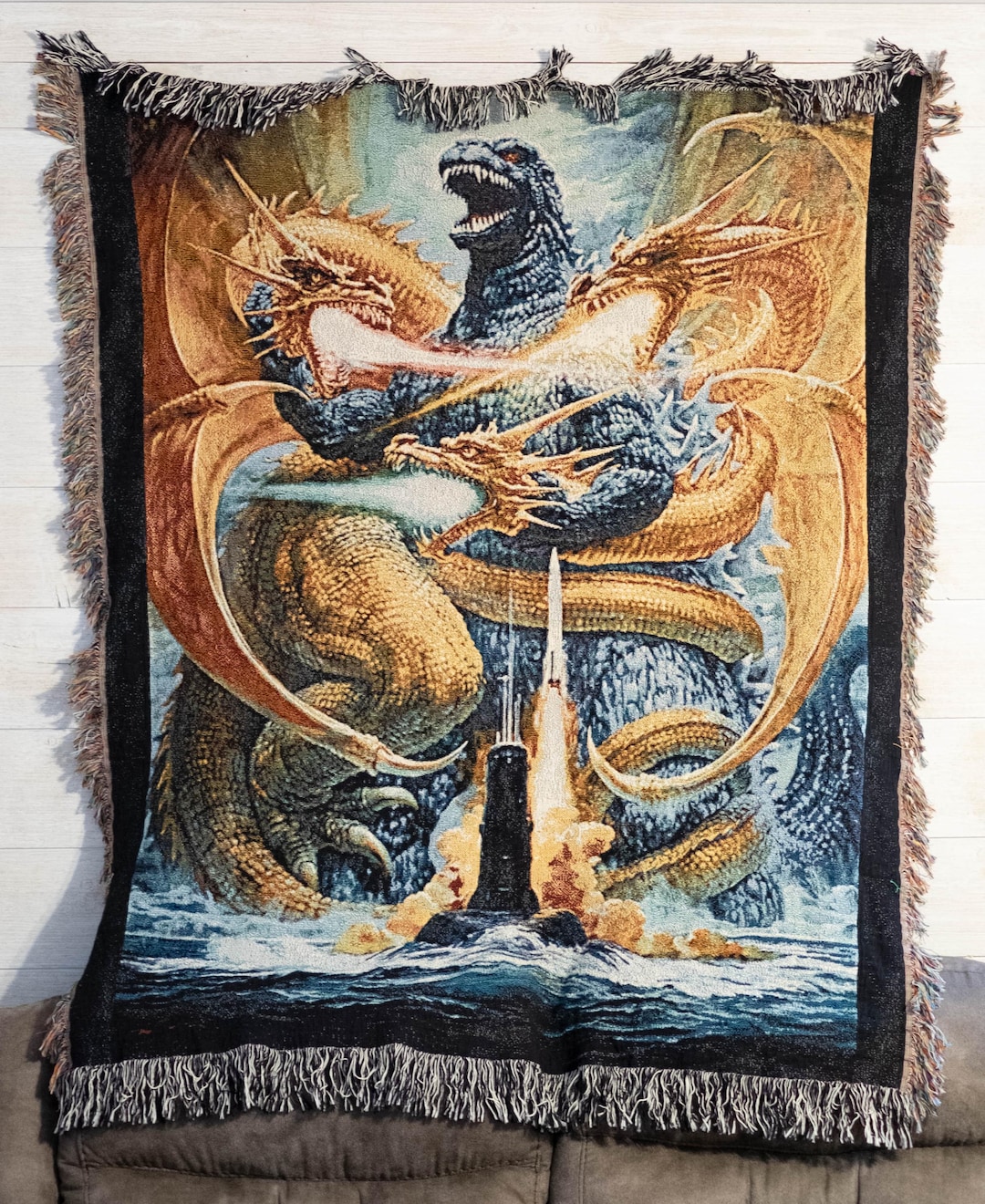 Godzilla Vs King Ghidorah Woven Tapestry: Noriyoshi Ohrai Kaiju Art - Etsy
