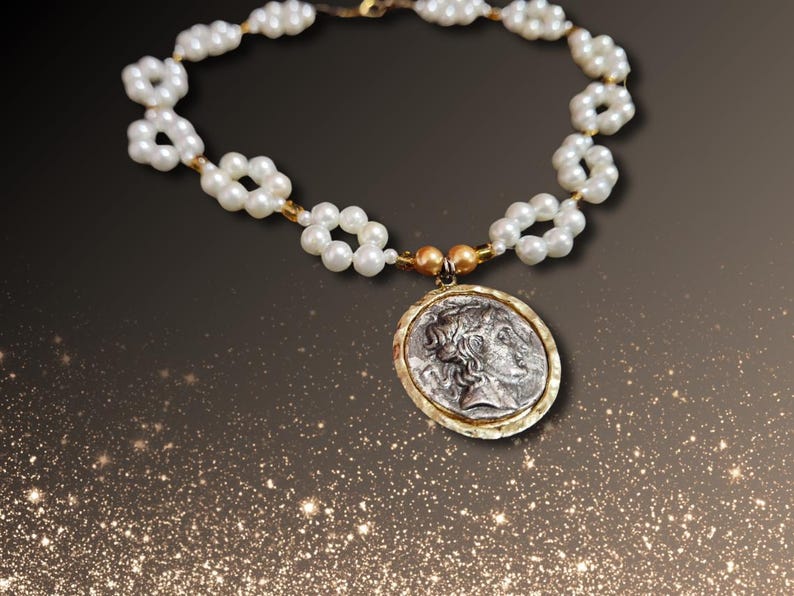 Vintage Necklace Ancient Rome Coin Medallion Faux Pearl Unique Handmade ...