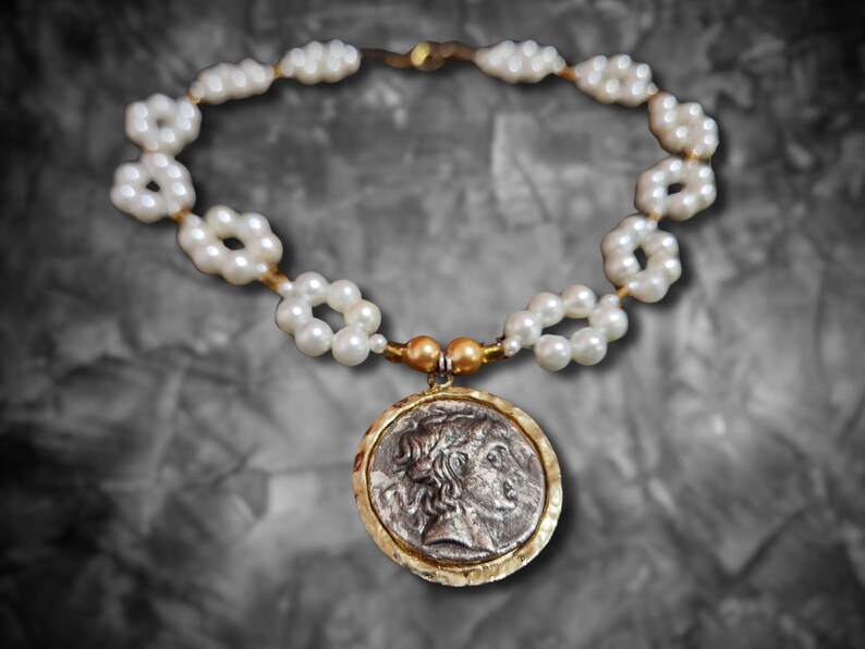 Vintage Necklace Ancient Rome Coin Medallion Faux Pearl Unique Handmade ...