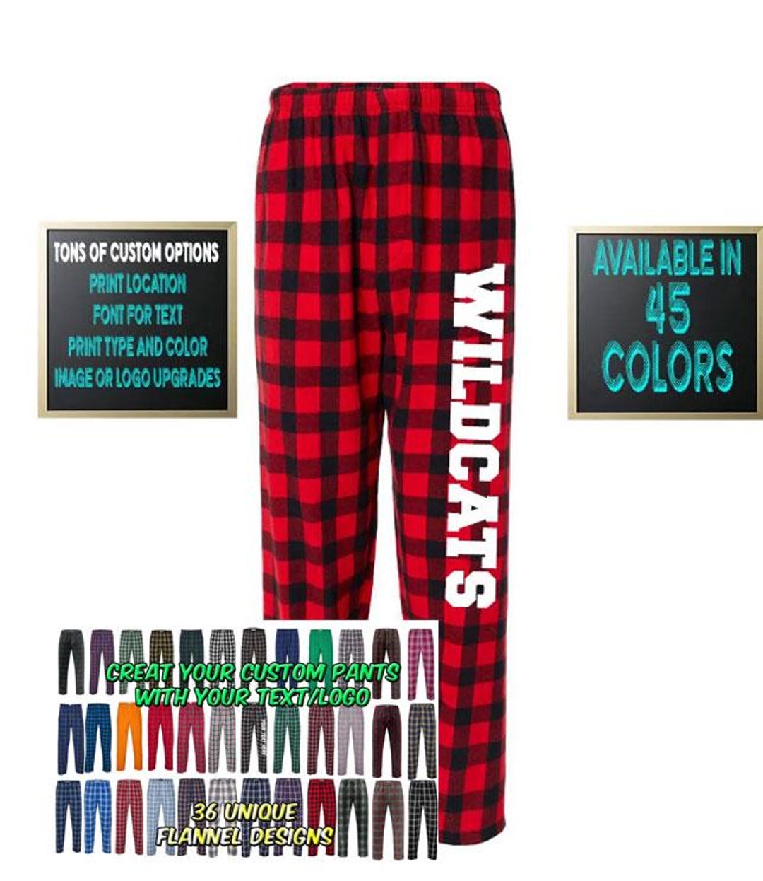 Custom Flannel Pants: Personalized Text & Logo, 36 Different Color ...