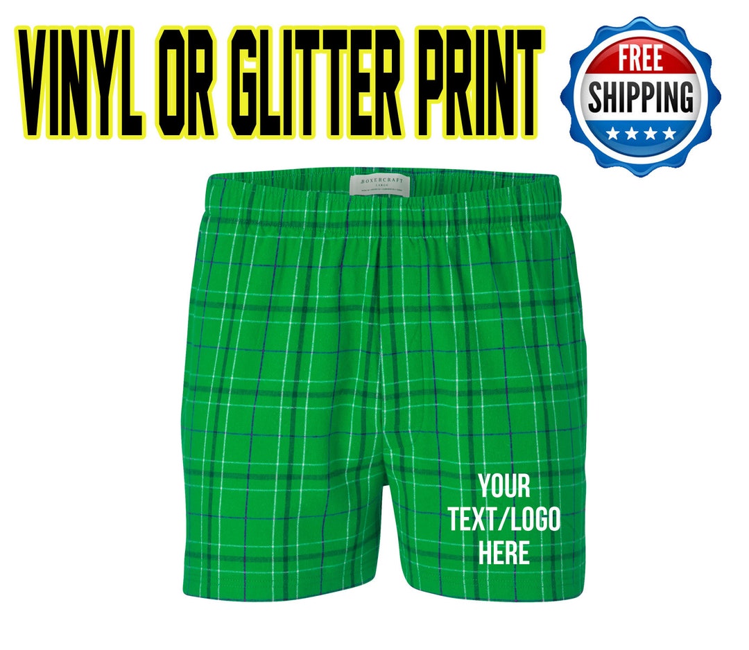 Personalized Kelly Green Flannel Boxer Shorts: Custom Vinyl or Glitter ...