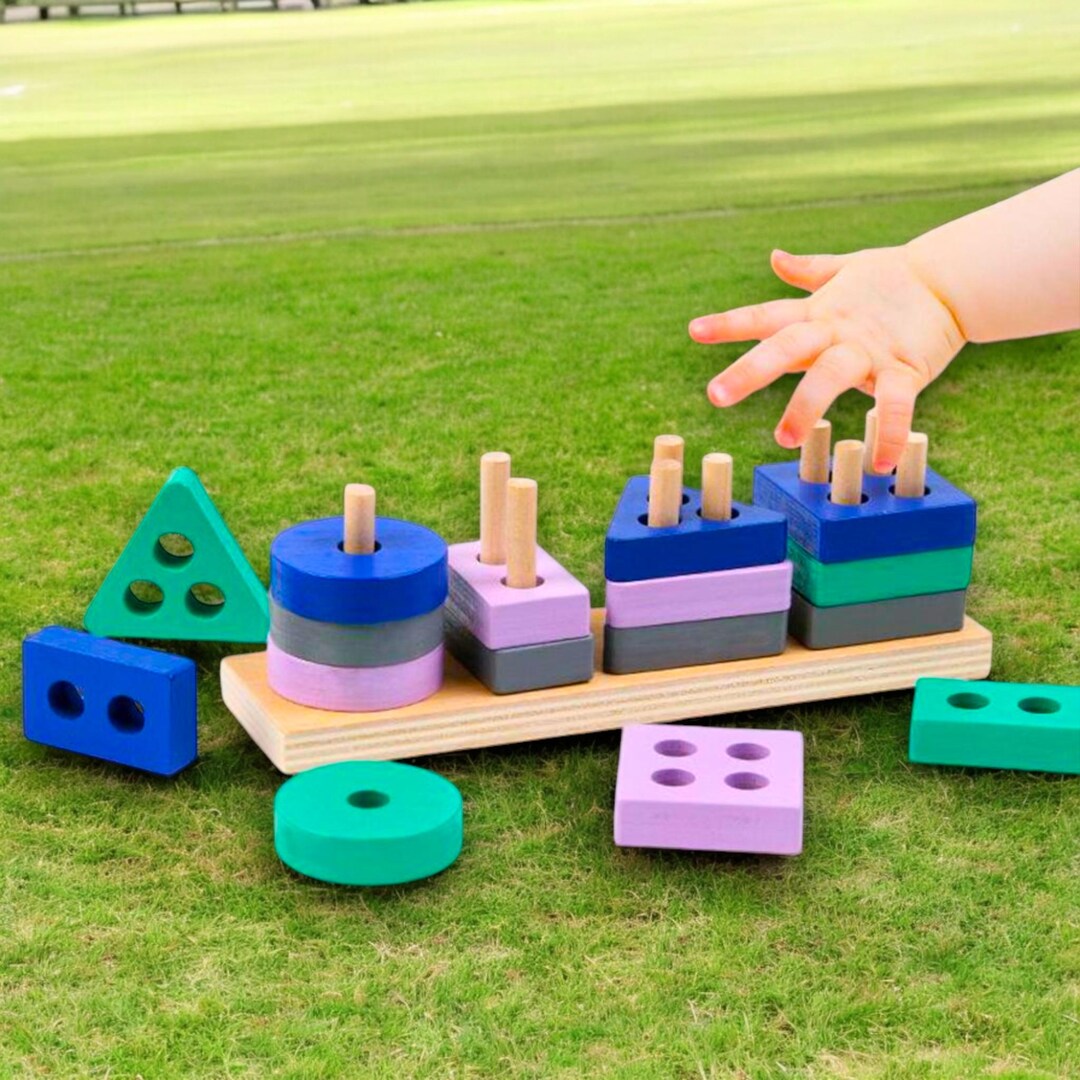 Montessori Geometric Shape Sorting Toy 16x Wooden Blocks for Toddlers ...