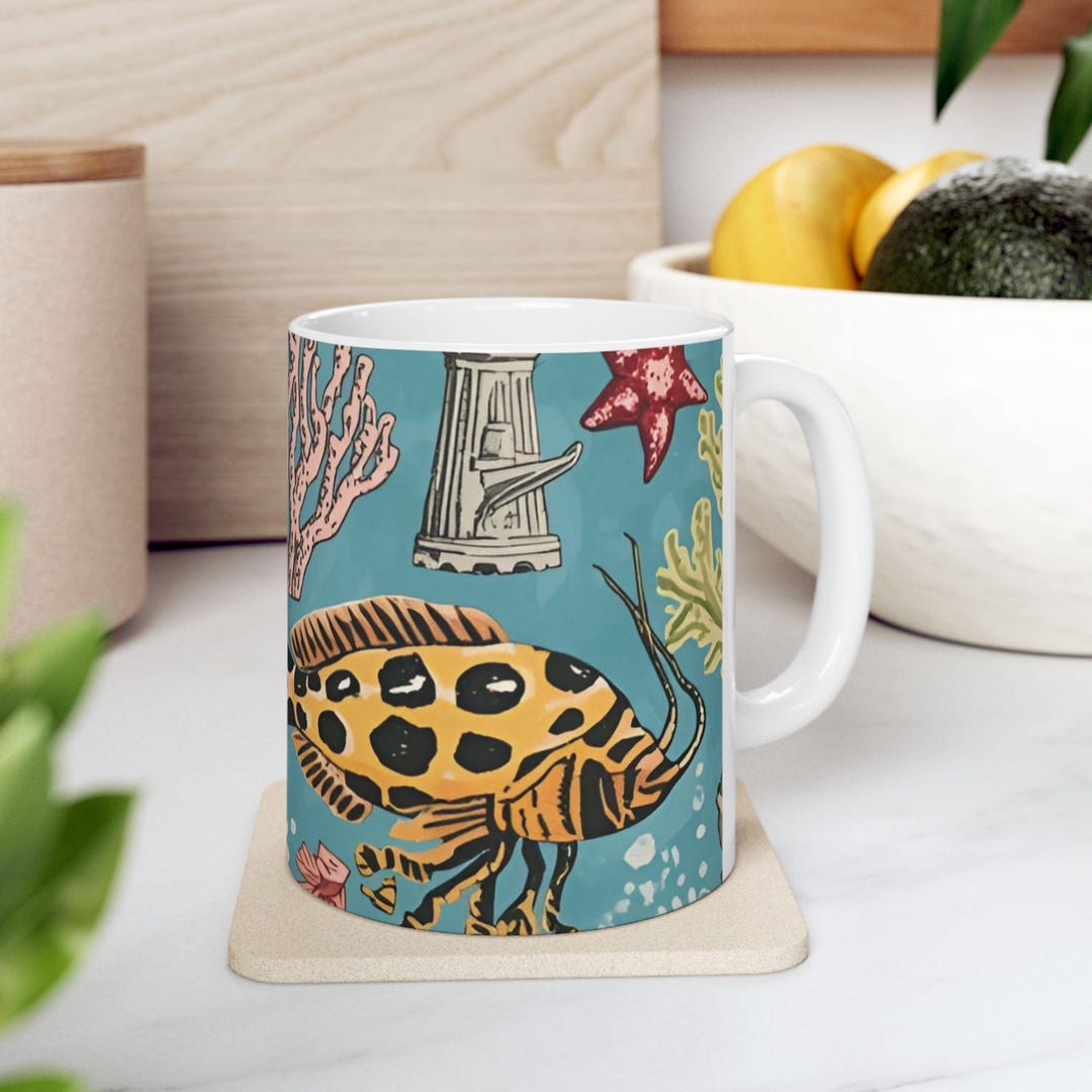 Ocean Life Ceramic Mug - Tropical Fish, Coral Reef Coffee Cup, Beach ...