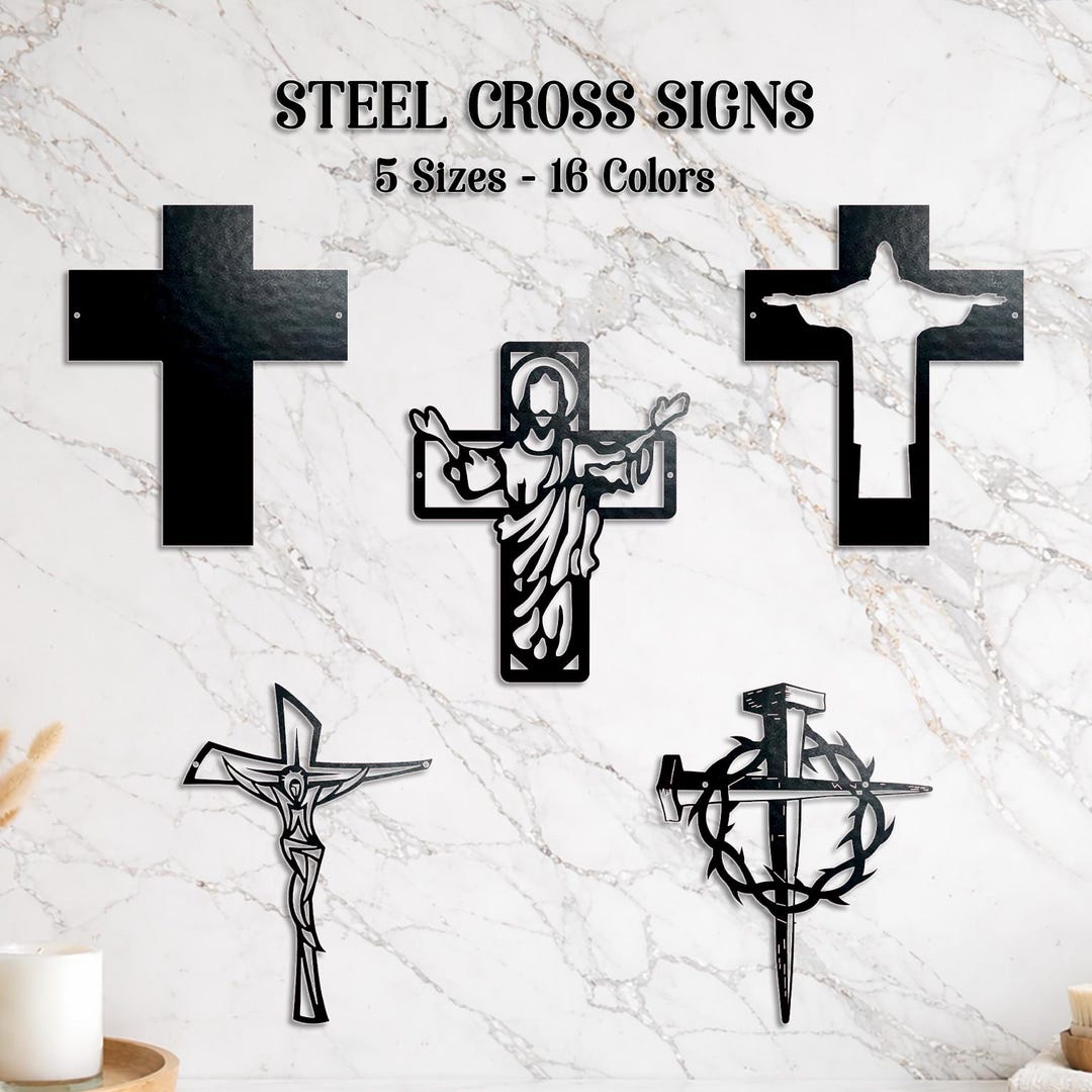 Steel Cross Signs - 5 Styles: Metal Jesus Crucifix Wall Plaque ...