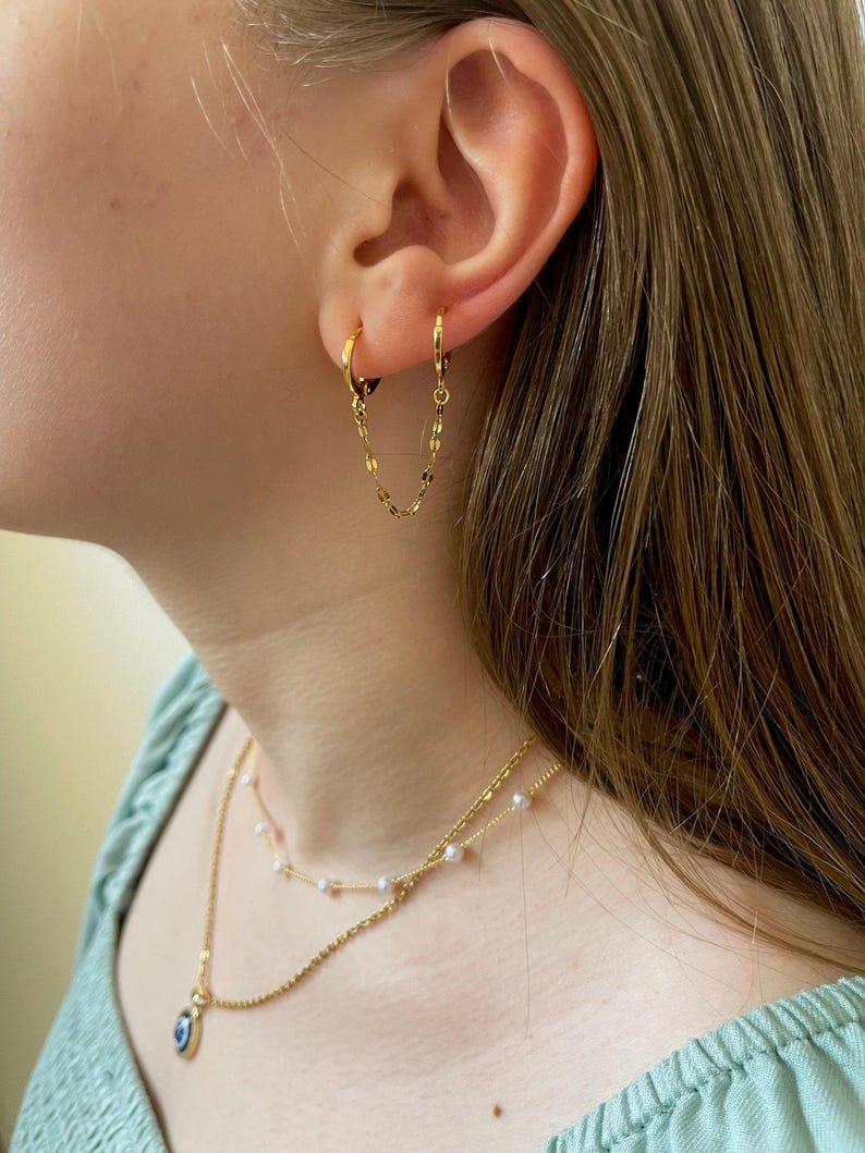 Gold Filled Double Piercing Chain Earrings, Birthday Gift, Minimalist ...