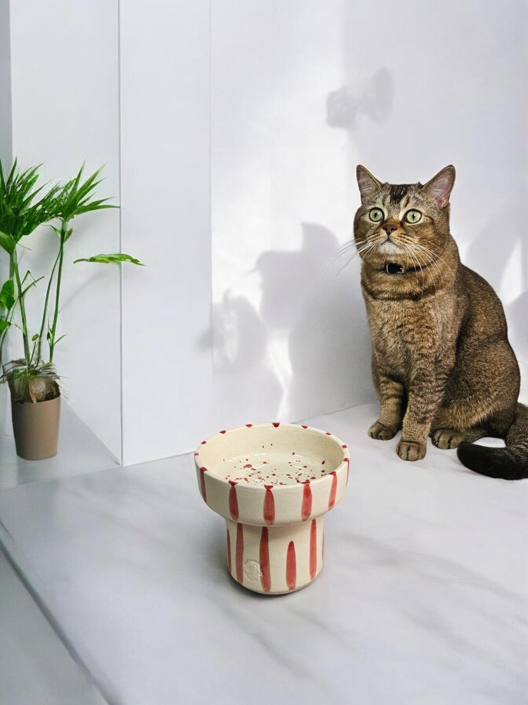 Ceramic Cat Bowl, Red Striped Elevated Cat Food Dish, Personalized Gift ...