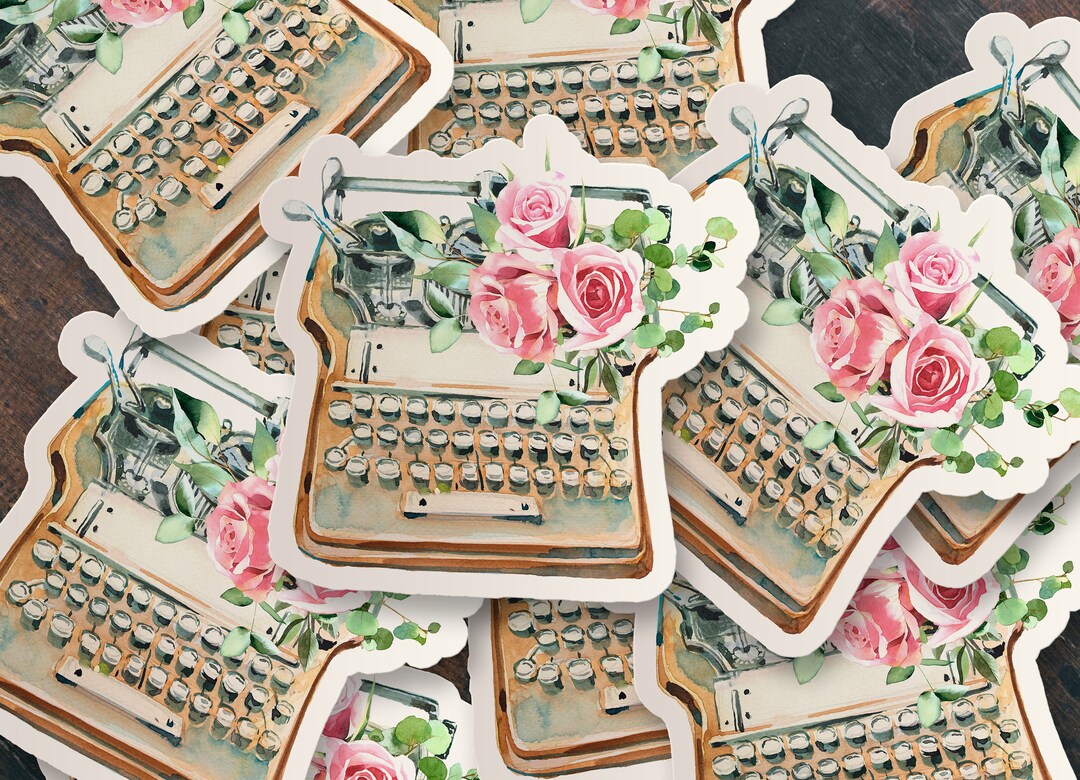 Vintage Typewriter Sticker Blue Typewriter Floral Watercolor Decal ...
