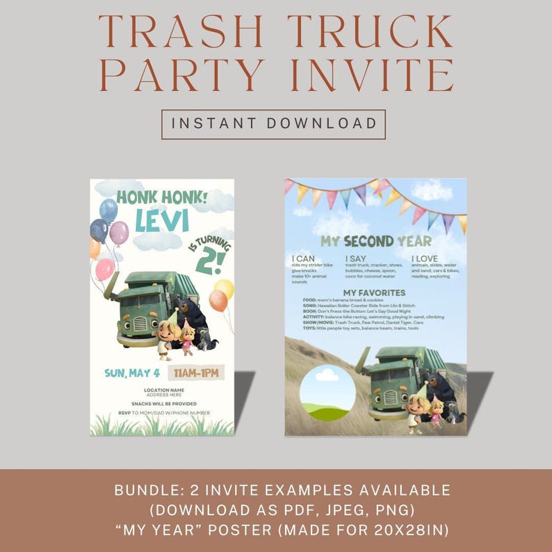 Trash Truck Invitation Digital Template Birthday Party Printable Kit ...