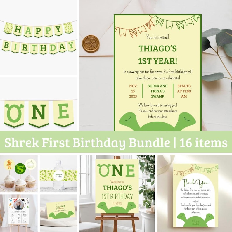 Shrek 1st Birthday Party Bundle | Printable Shrek Birthday Decorations ...