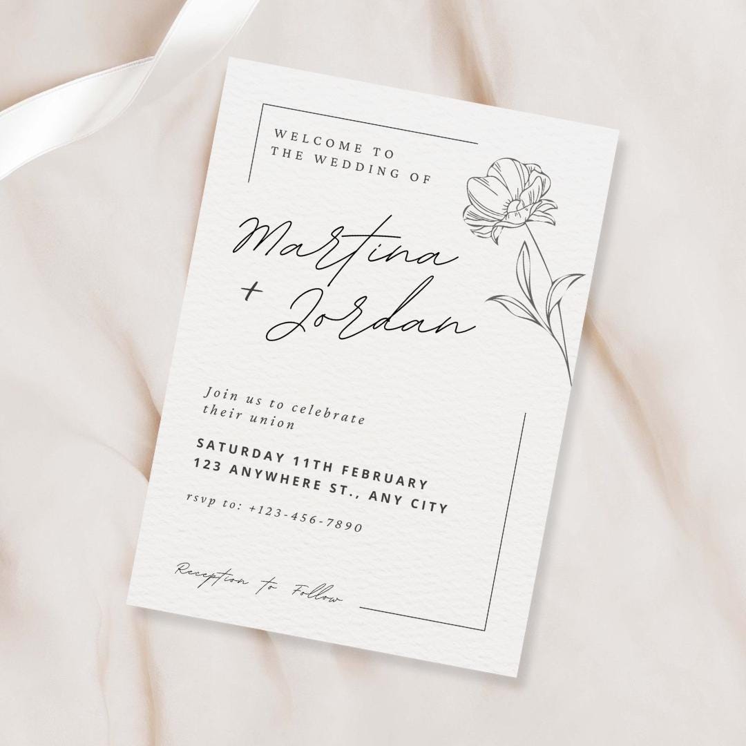 Minimalist Floral Wedding Invitation Template | Modern Calligraphy ...
