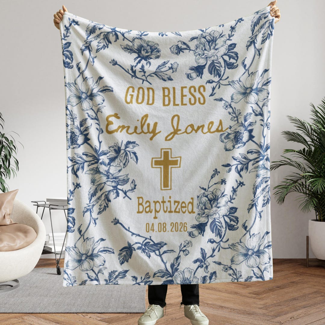 Personalized Baptism Blanket, Floral Cross Christening Gift, Christian ...