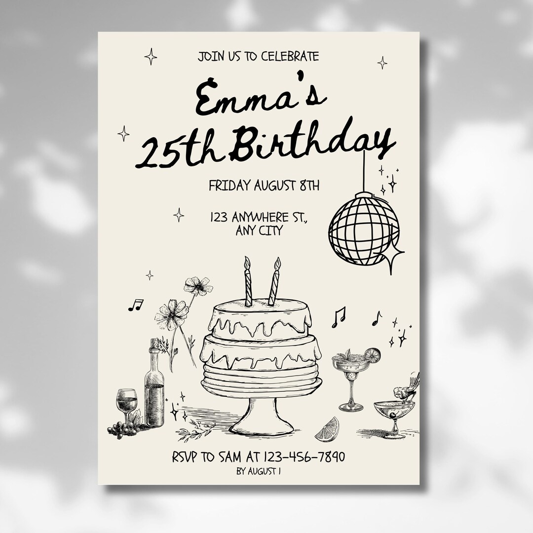 Doodle Birthday Invitation Canva Template Disco Design Digital Birthday ...