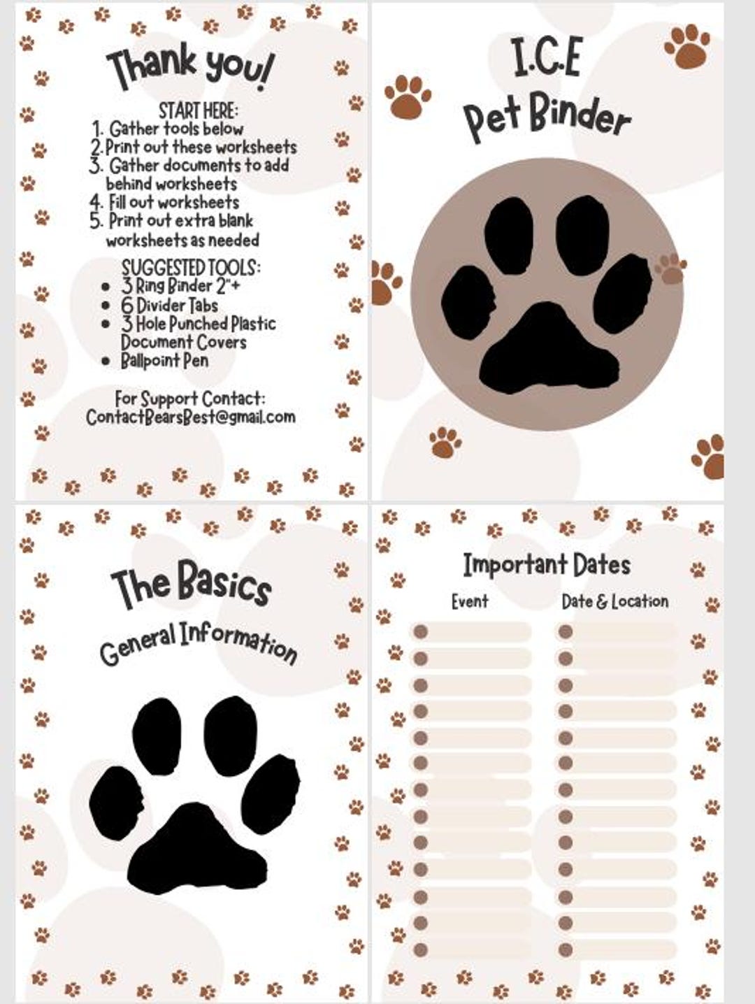 Paw Print Pet Emergency & Pet Sitter Information Binder Template BROWN ...