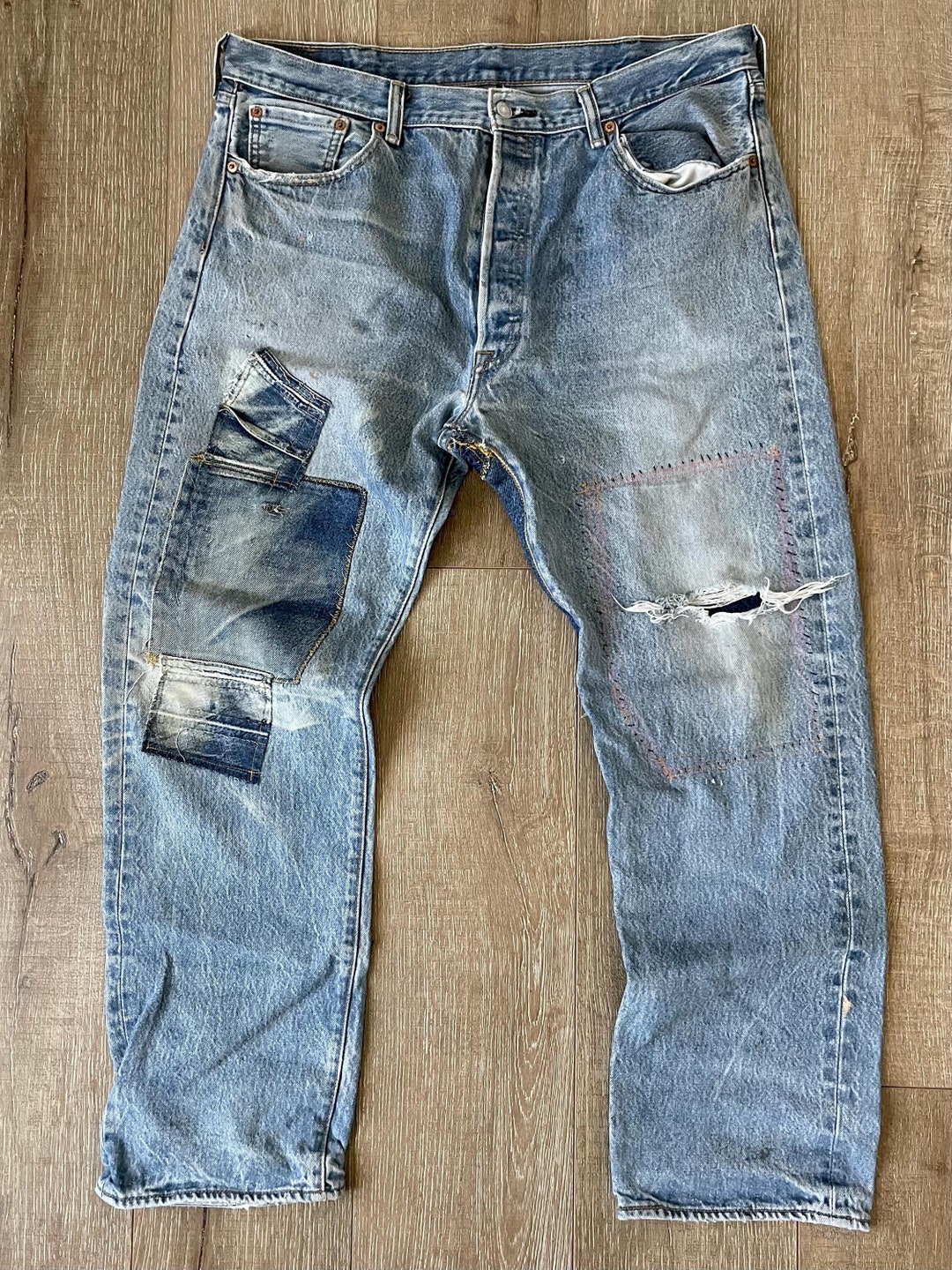 Levi’s 501 — Ragged & Patchwork Denim Rework Jeans — W39 L30 - Etsy