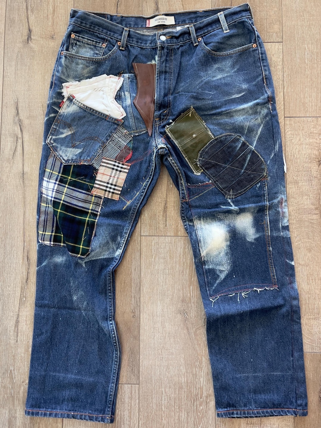W41 L29.5 550 — SUPER Patchwork, Bleached Fades, Leather Patch Pocket ...
