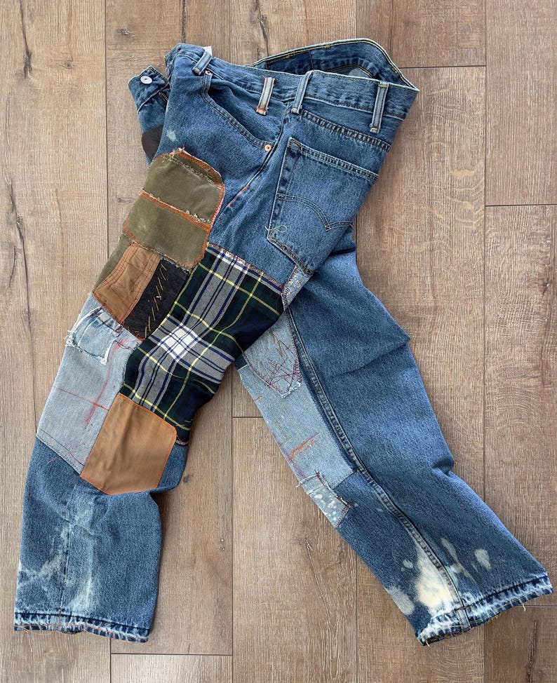 W37 L28.5 — 505 - Ragged, SUPER PATCHWORK and Multi-pocket Design, With ...