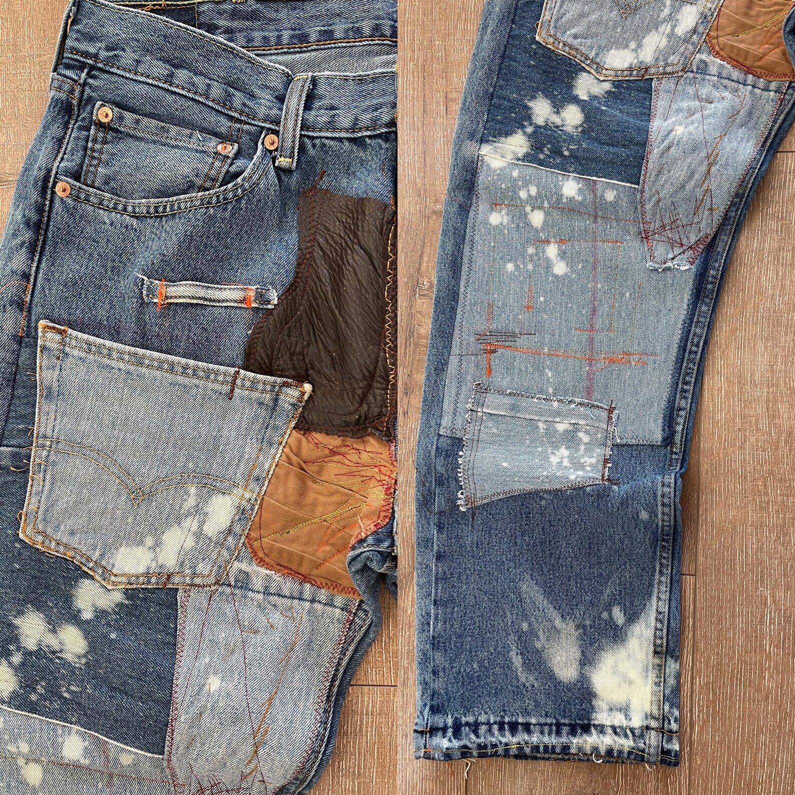 W37 L28.5 — 505 - Ragged, SUPER PATCHWORK and Multi-pocket Design, With ...
