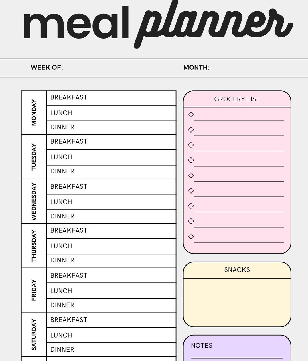Weekly Meal Planner for Kids Digital 7 Days Menu Plan Template Toddler ...