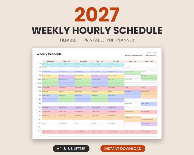 2027 Weekly Hourly Planner Fillable Pdf Time Management Digital 7384