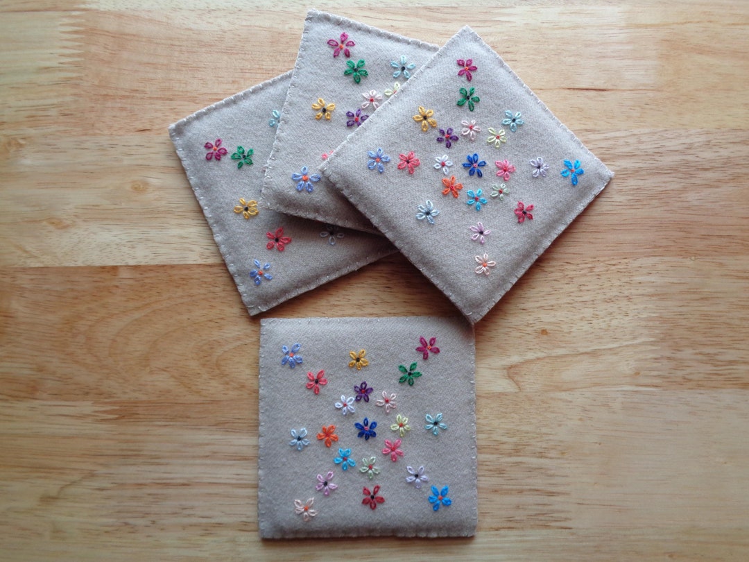 Set of 4 Hand Embroidered Floral Felt Coasters, Flower Coasters, Wool ...