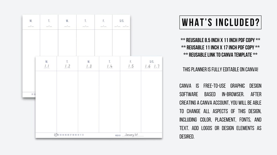 Blank Weekly Calendar PDF & Editable Canva Template - Etsy