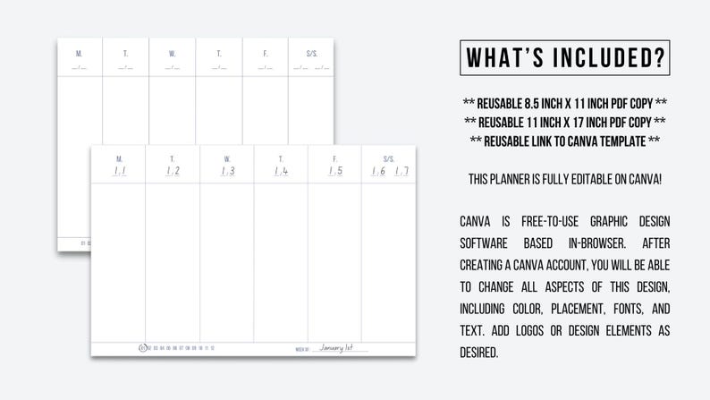 Blank Weekly Calendar PDF & Editable Canva Template - Etsy