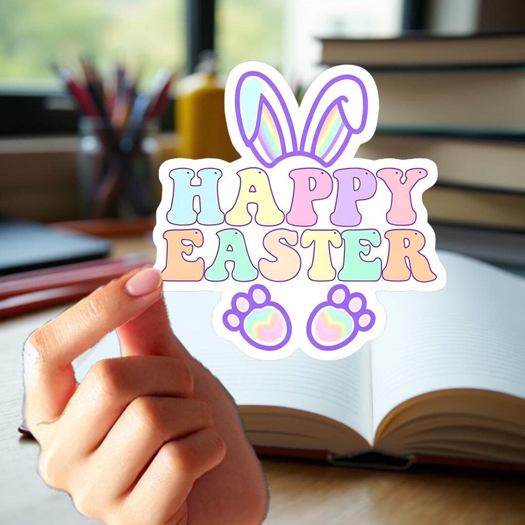 Happy Easter Vinyl Decal Sticker With Bunny Ears, Easter Basket Tag ...