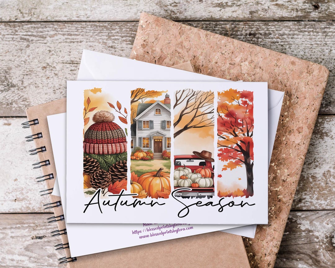 Autumn Season Notecard Set, Watercolor Fall Theme, Blank Notecard ...
