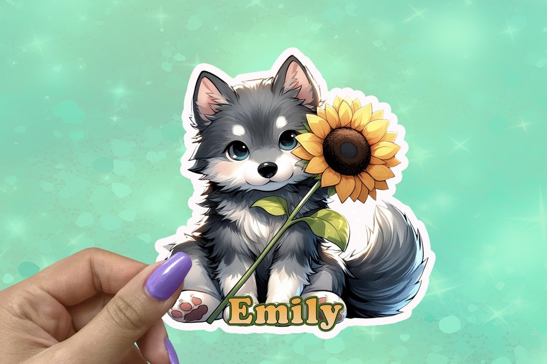 Kawaii Wolf Sunflower Sticker, Cute Wolf Sticker, Personalize, Bullet ...